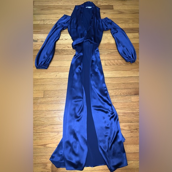 Silvia Tcherassi Silk Cold Shoulder Blue Wrap Tunic Maxi Dress Puff Sleeves